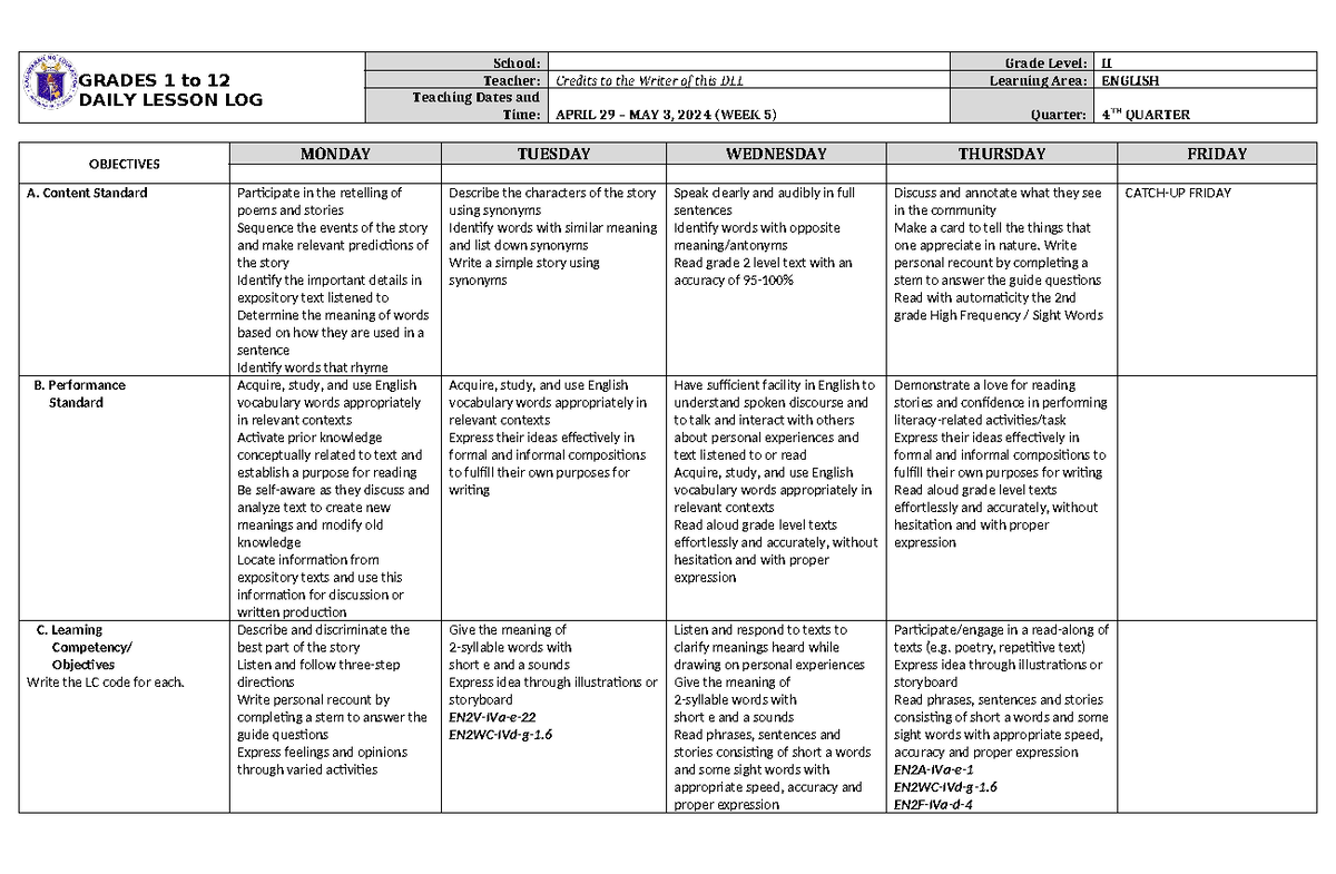 DLL English 2 Q4 W5-1 - Daily Lesson Log Samples for Grade 2 - Studocu
