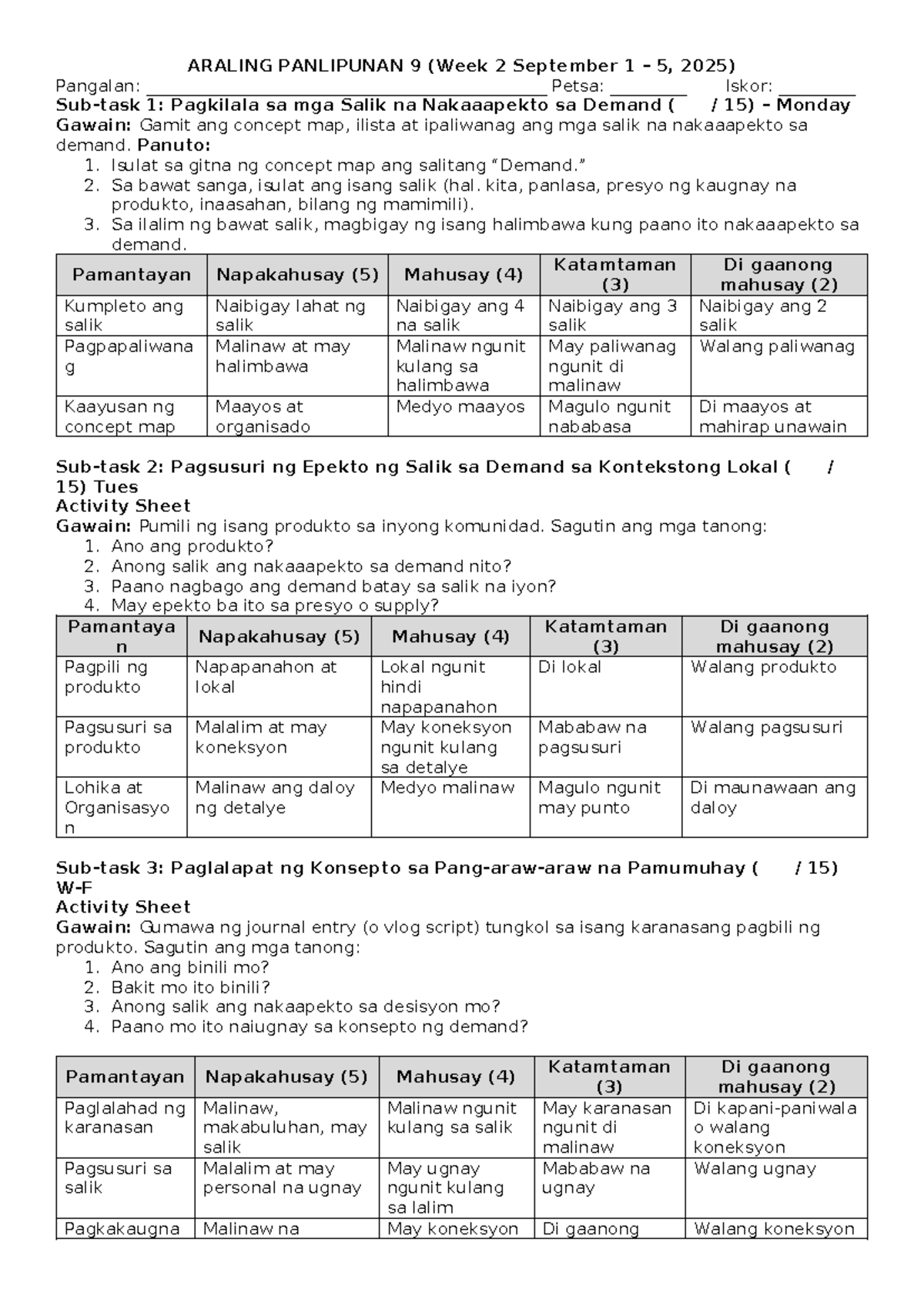 ARALING PANLIPUNAN 9 (Week 2-3) Performance Task: Demand at Supply ...