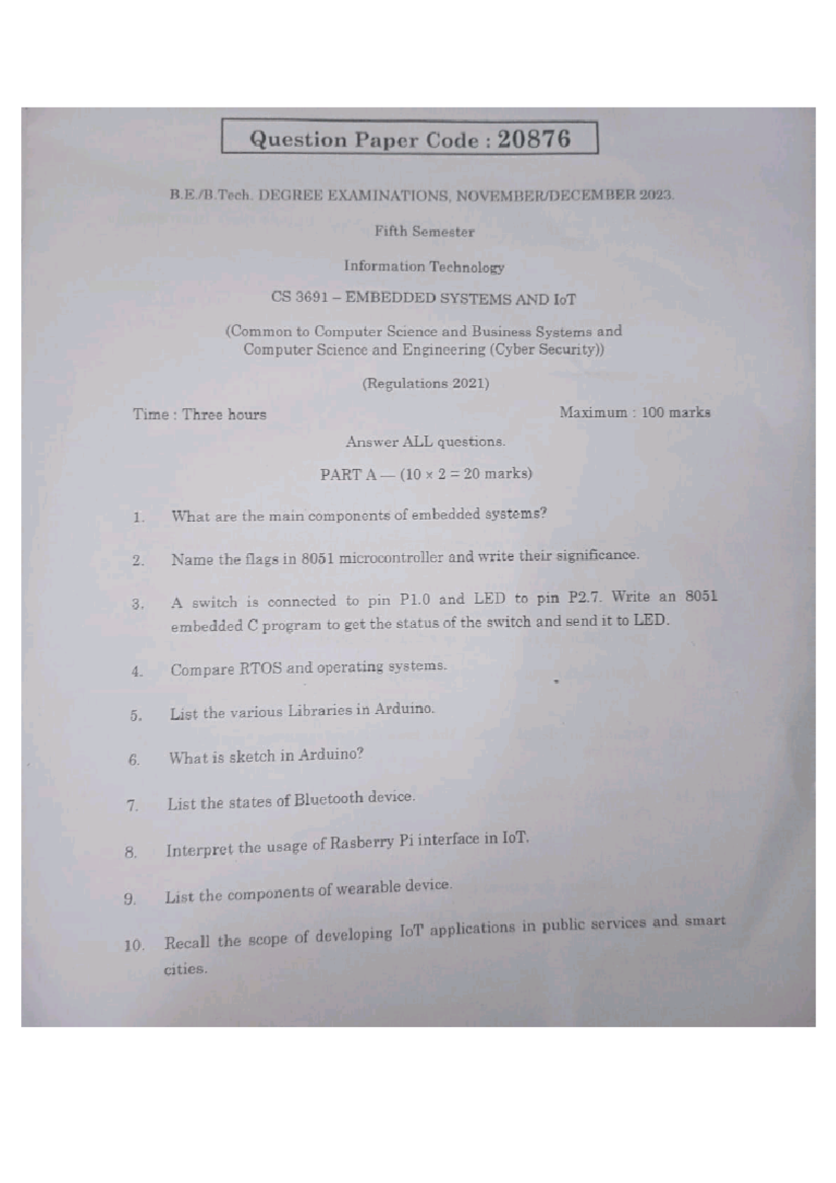 CS3691 Final Exam: Embedded Systems and IoT Question Paper 2023 - Studocu