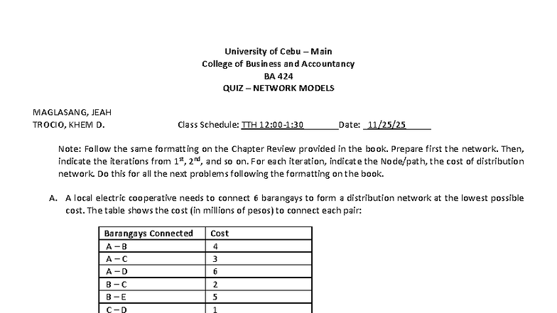 BA 424 QUIZ: Network Models Analysis by Trocio & Maglasang - Studocu