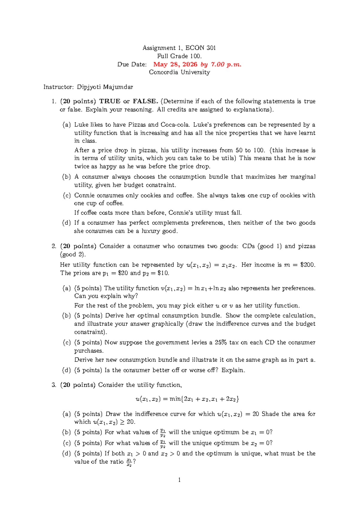 ECON 301 Assignment 1: Utility Functions & Consumer Choices - Studocu
