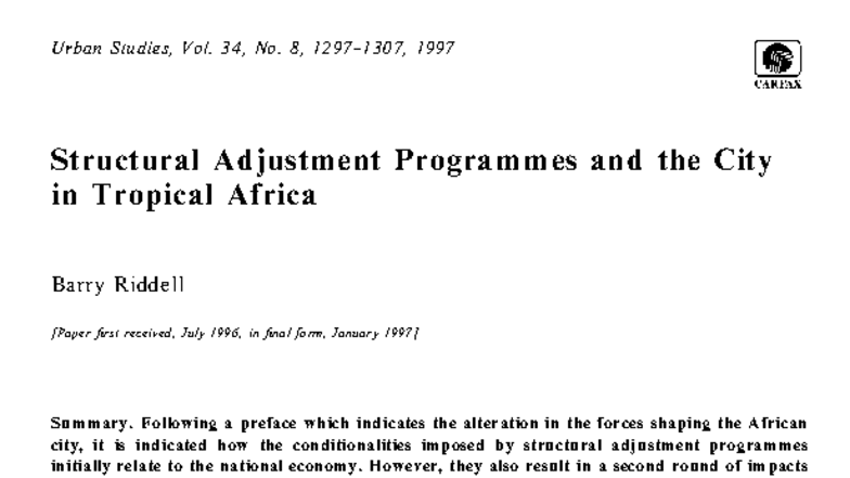 Structural Adjustment Programmes and Urban Change in Africa (URB 101 ...