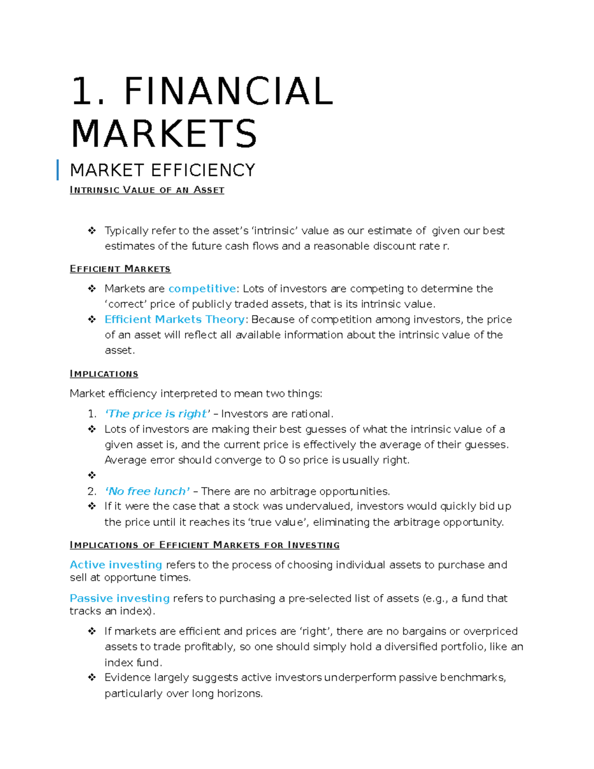 FNCE30001-Shared-Notes - 1. FINANCIAL MARKETS MARKET EFFICIENCY I ...
