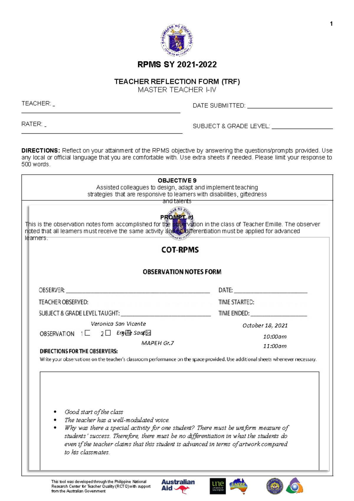 [Appendix 4B] Teacher Reflection Form for MT I-IV for RPMS SY 2021-2022 - 1 This tool was ...