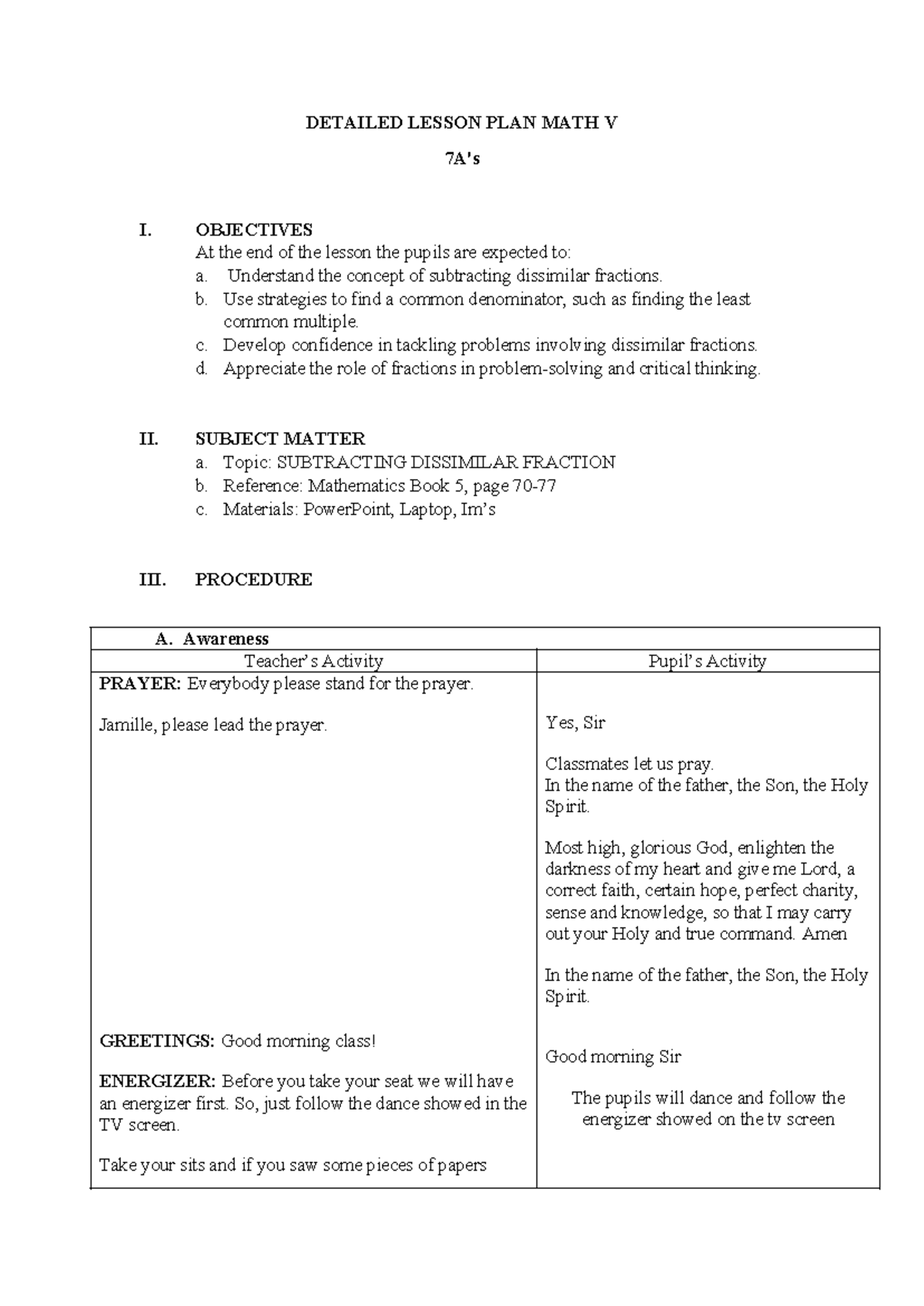 Lesson Plan on Subtracting Dissimilar Fractions - Math V - Studocu