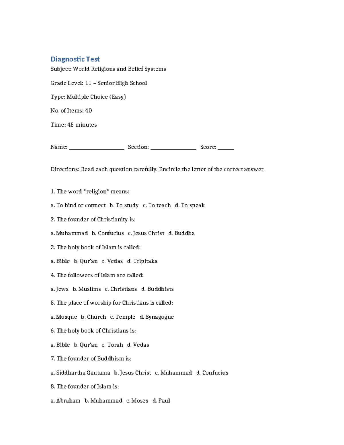 World Religions Diagnostic Test (Grade 11, Multiple Choice) - Studocu
