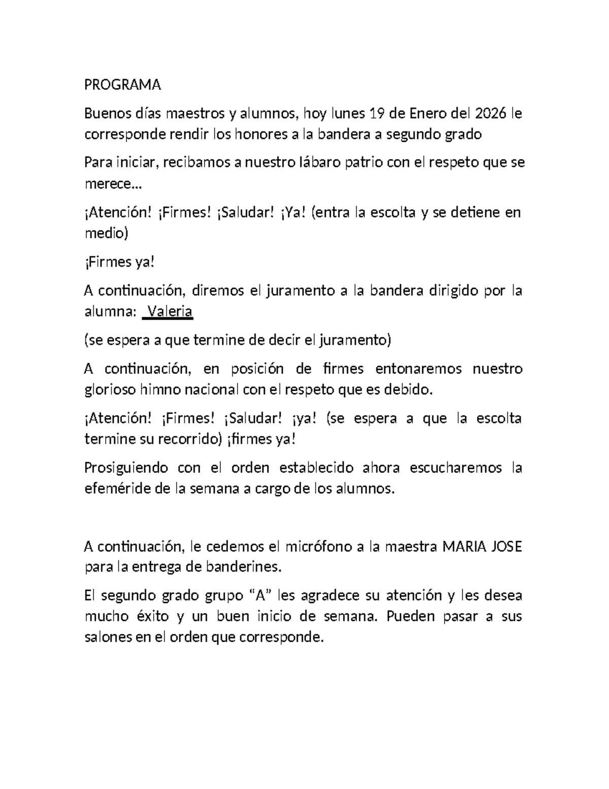 Programa Cívico para Segundo Grado - Enero 2026 - Studocu