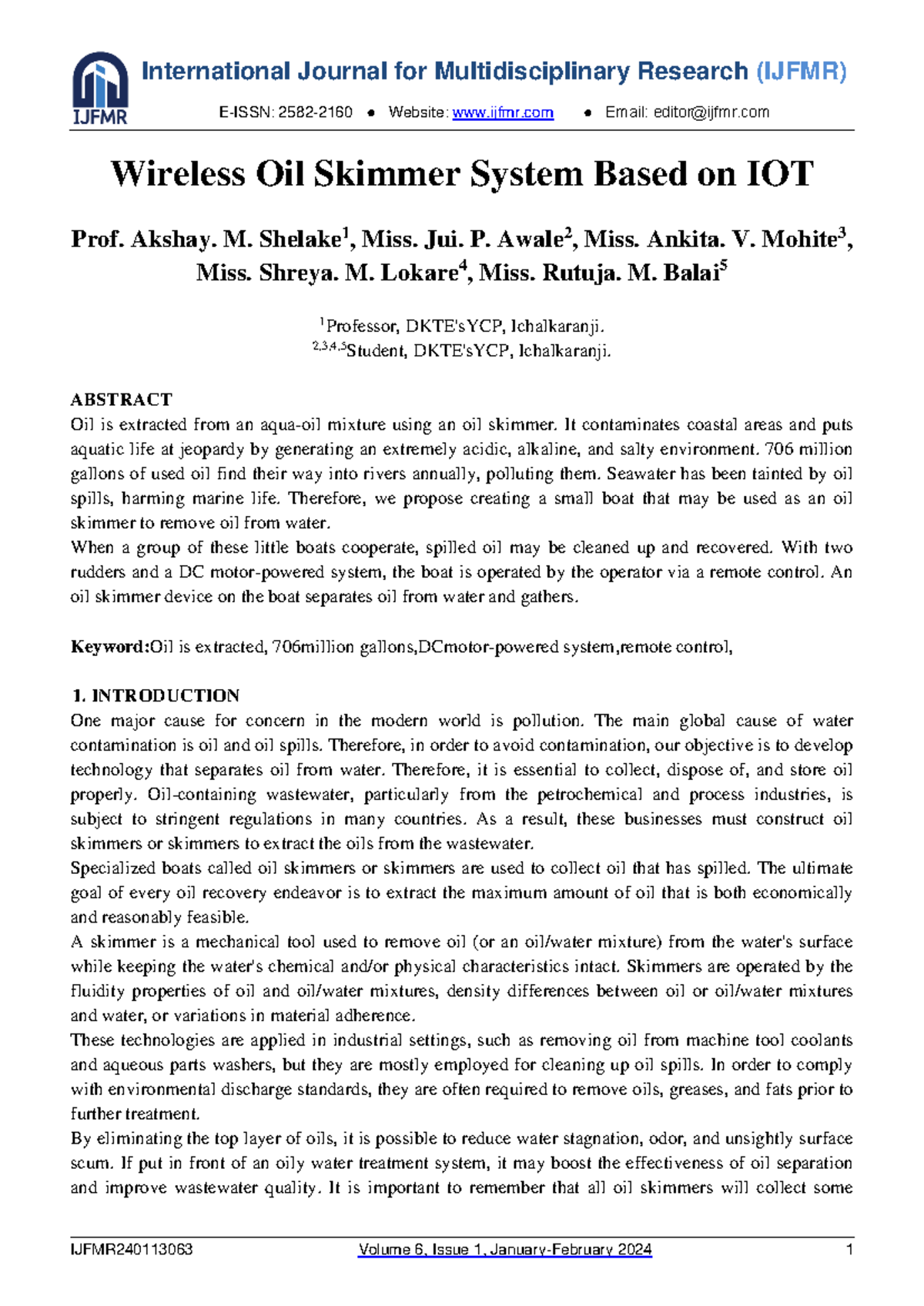 Wireless IoT Oil Skimmer System: IJFMR Final Report on Environmental ...