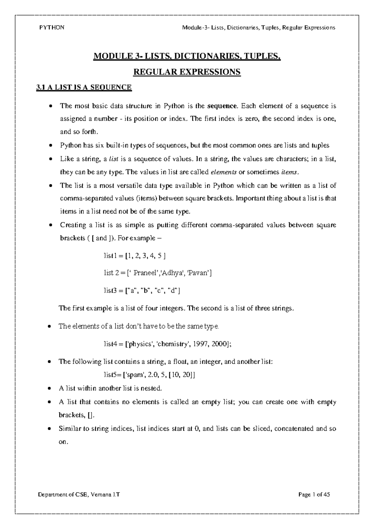 Module 3 - Python Lists, Tuples, Dictionaries & RegExp Overview - Studocu