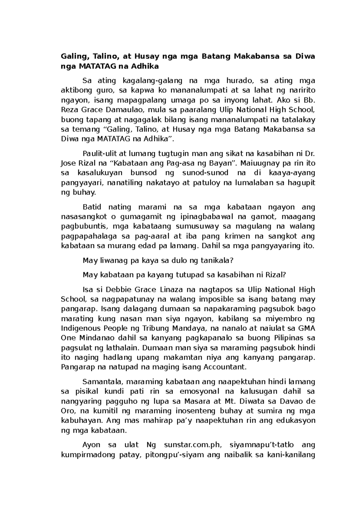 Talumpati: Galing at Husay ng Kabataan sa MATATAG na Adhika - Studocu