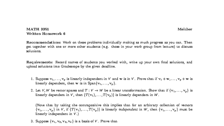 MATH 3351 Written Homework 6: Vector Spaces & Linear Dependence - Studocu