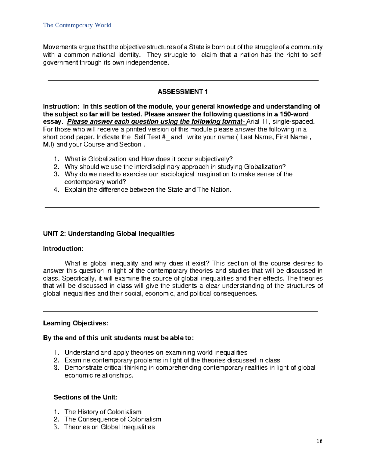 ASSESSMENT 1: Understanding Globalization and Inequalities (Course Code ...