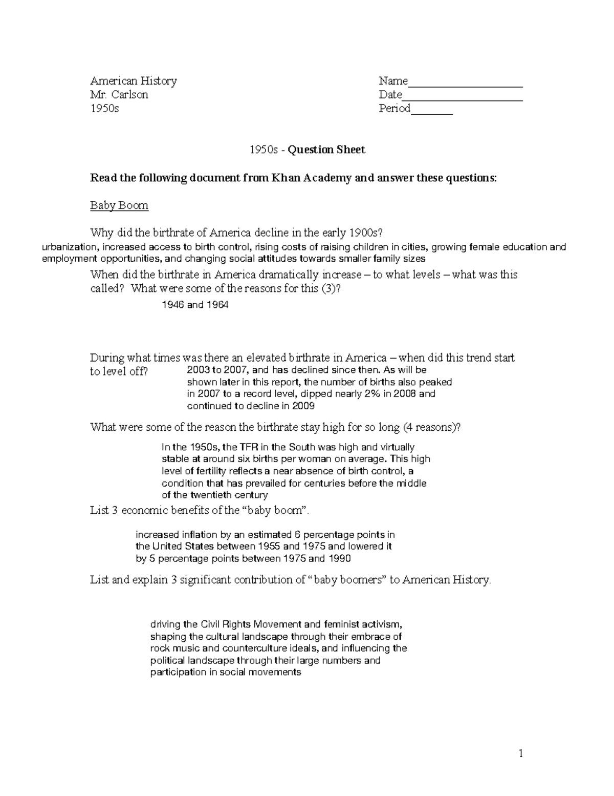 1950s American History Question Sheet (Khan Academy) - Studocu