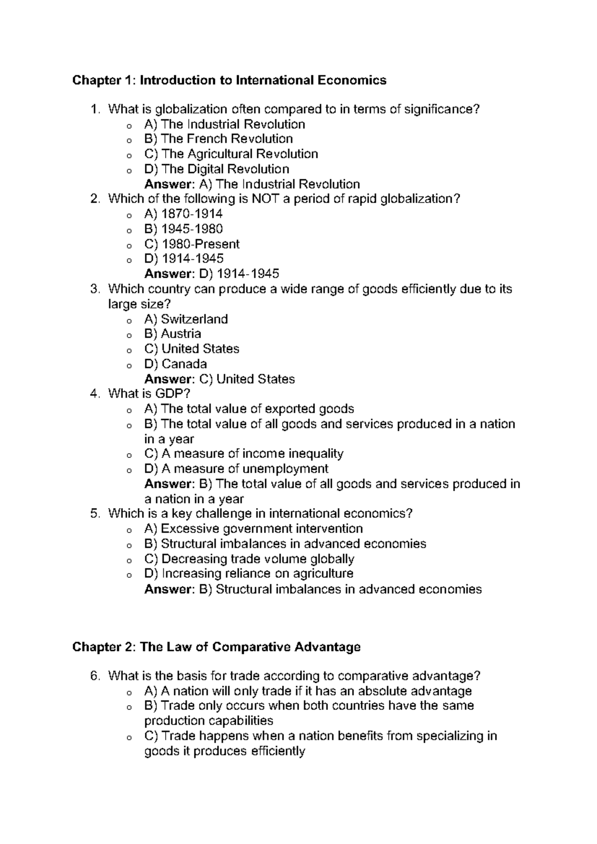 MCQ - dddd - Chapter 1: Introduction to International Economics 1. What ...