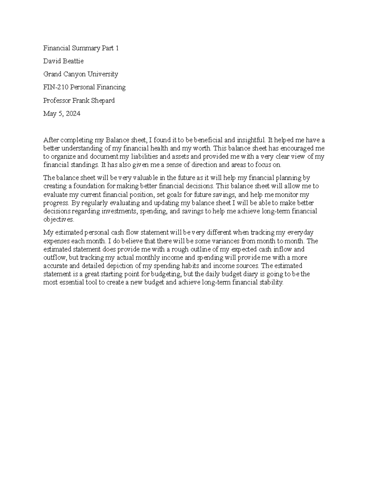 FIN-210 Financial Portfolio Project: Summary Part 1 Analysis - Studocu