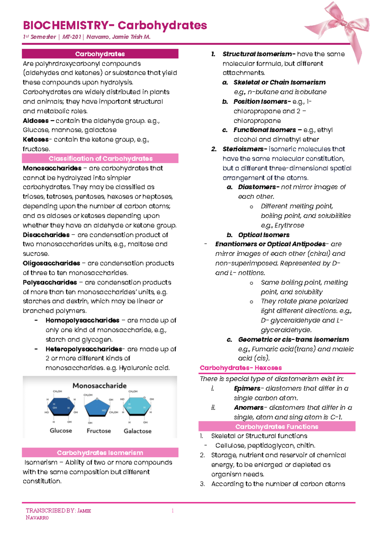 Biochemistry MT-201: Carbohydrates Overview and Functions - Studocu