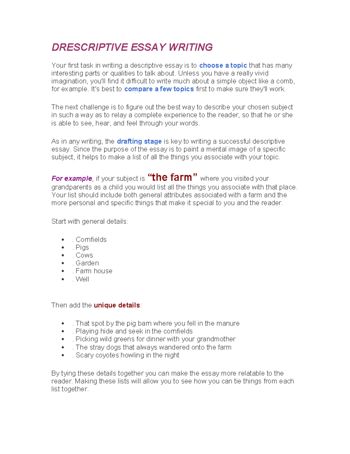 Descriptive Essay Writing Guide - ENG 101 - Studocu