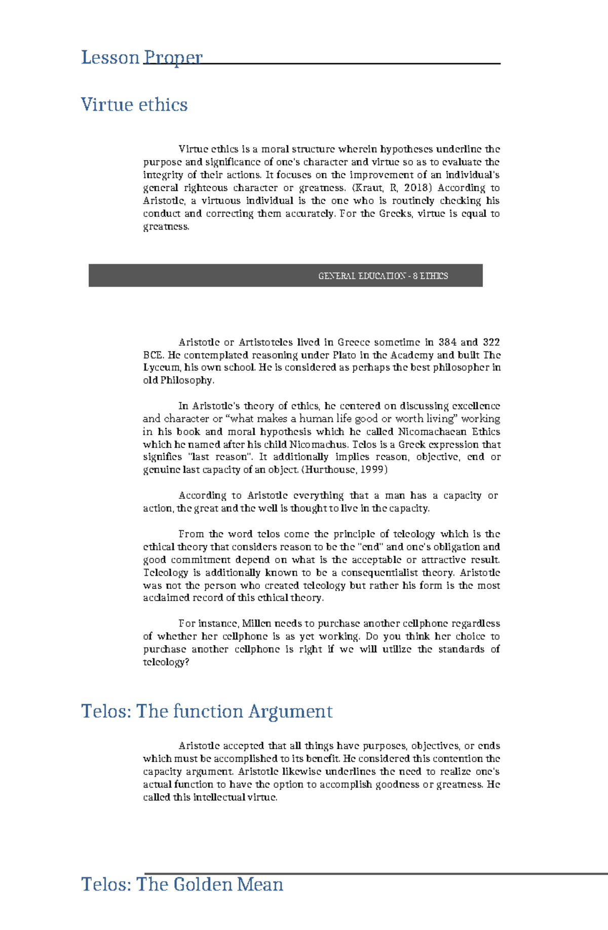 GENERAL EDUCATION 8: Lesson on Virtue Ethics and Natural Law - Studocu