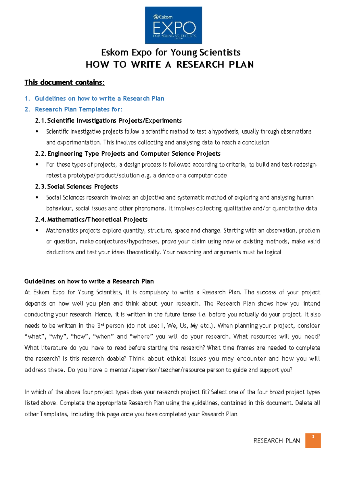 Eskom Expo Research Plan Guidelines and Templates for 2024 - Studocu