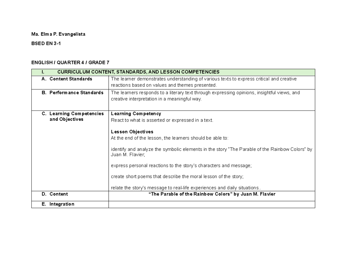 BSED ENGLISH G7 Q4 Lesson Exemplar: Analyzing Dreams & Aspirations ...