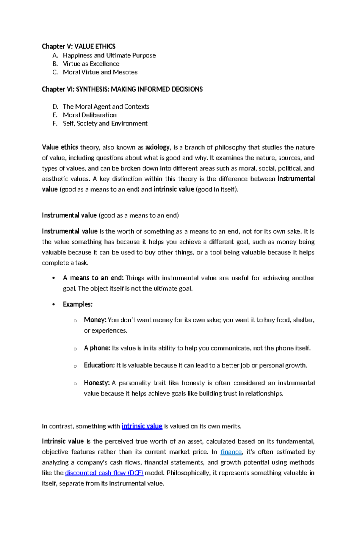 Value Ethics - LECTURE NOTES: Happiness, Virtue, and DCF Analysis - Studocu