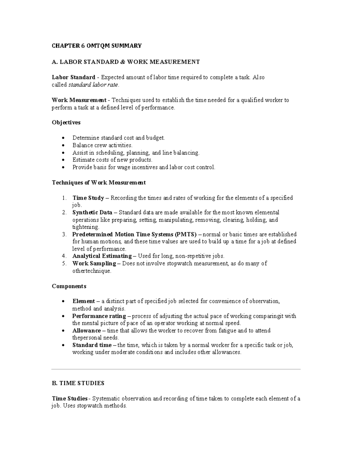 CHAPTER 6 OMTQM SUMMARY: LABOR STANDARD WORK MEASUREMENT - Studocu