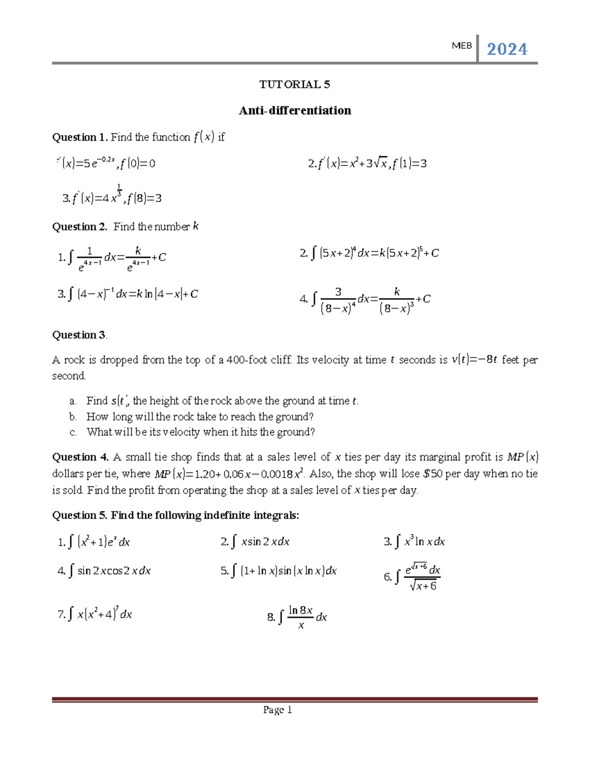 CEB 2024 TUTORIAL 5 - Functions, Integrals, and Motion Analysis - Studocu