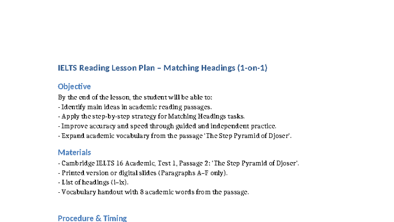 IELTS Reading Lesson Plan: Matching Headings Strategy - Studocu