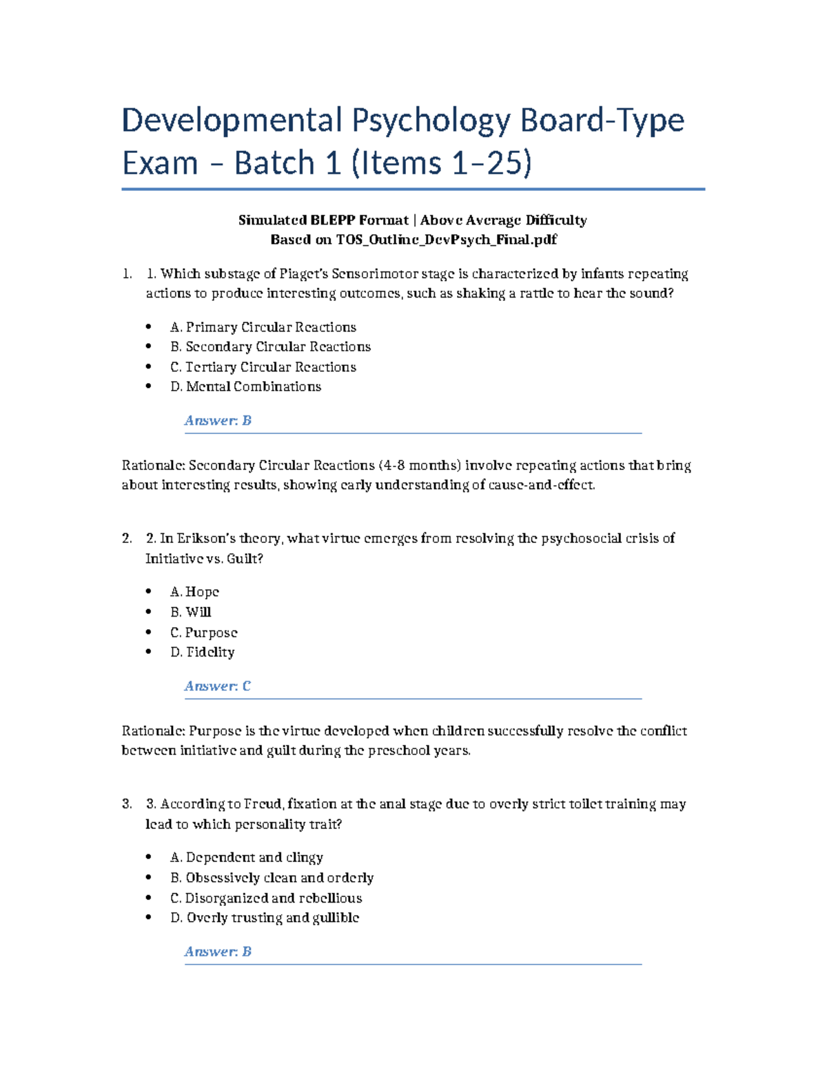 Dev Psych Final Exam Batch 1: Items 1-25 Overview - Studocu