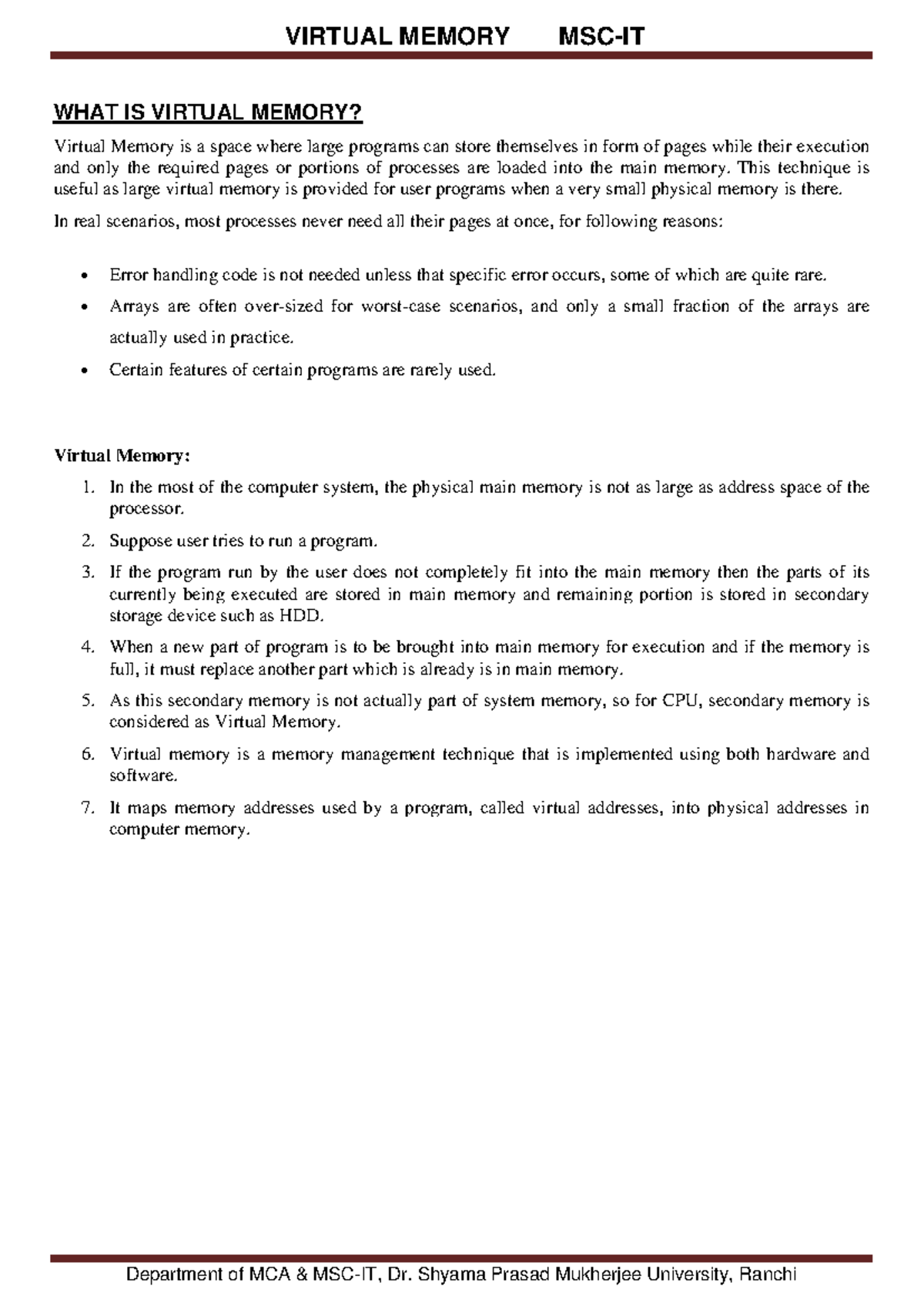 MCA 2026: Virtual Memory in Operating Systems Notes - Studocu