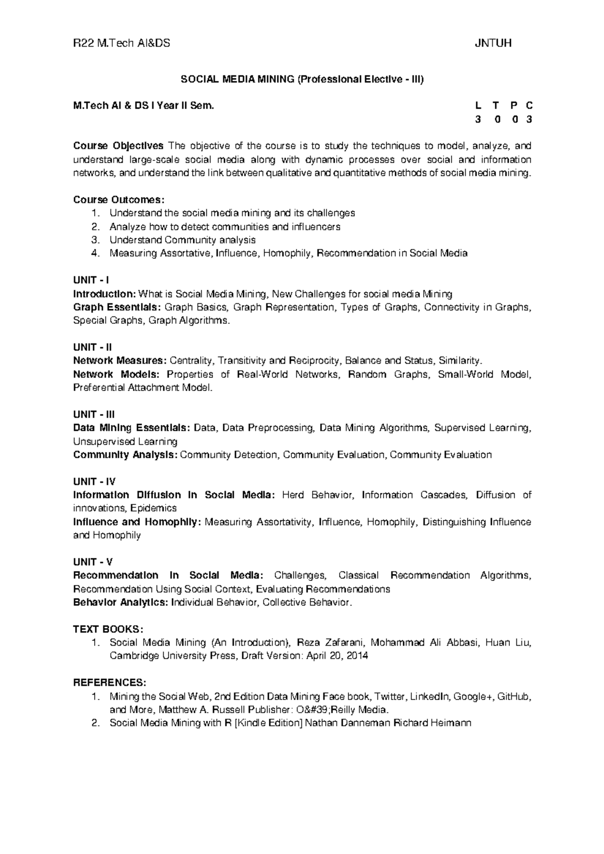 R22 M.Tech JNTUH Social Media Mining - AI & DS Course Overview - Studocu