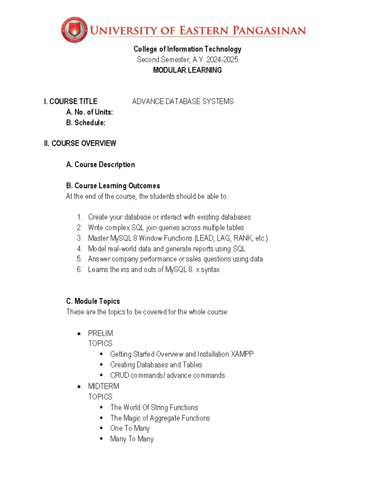 Prelim Module: IM101 Advanced Database Systems Overview & Topics - Studocu