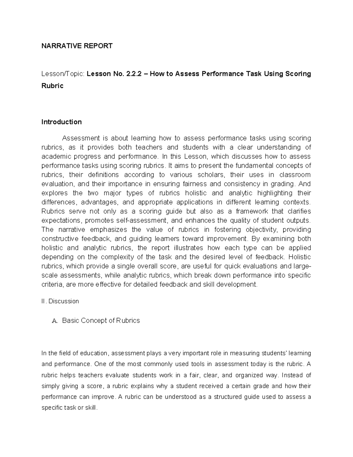 NARRATIVE REPORT Lesson 2.2.2: Assessing Performance with Rubrics - Studocu