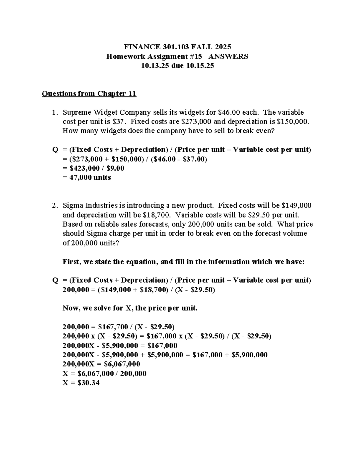 FINANCE 301.103 FALL 2025 - Homework Assignment #15 Solutions - Studocu
