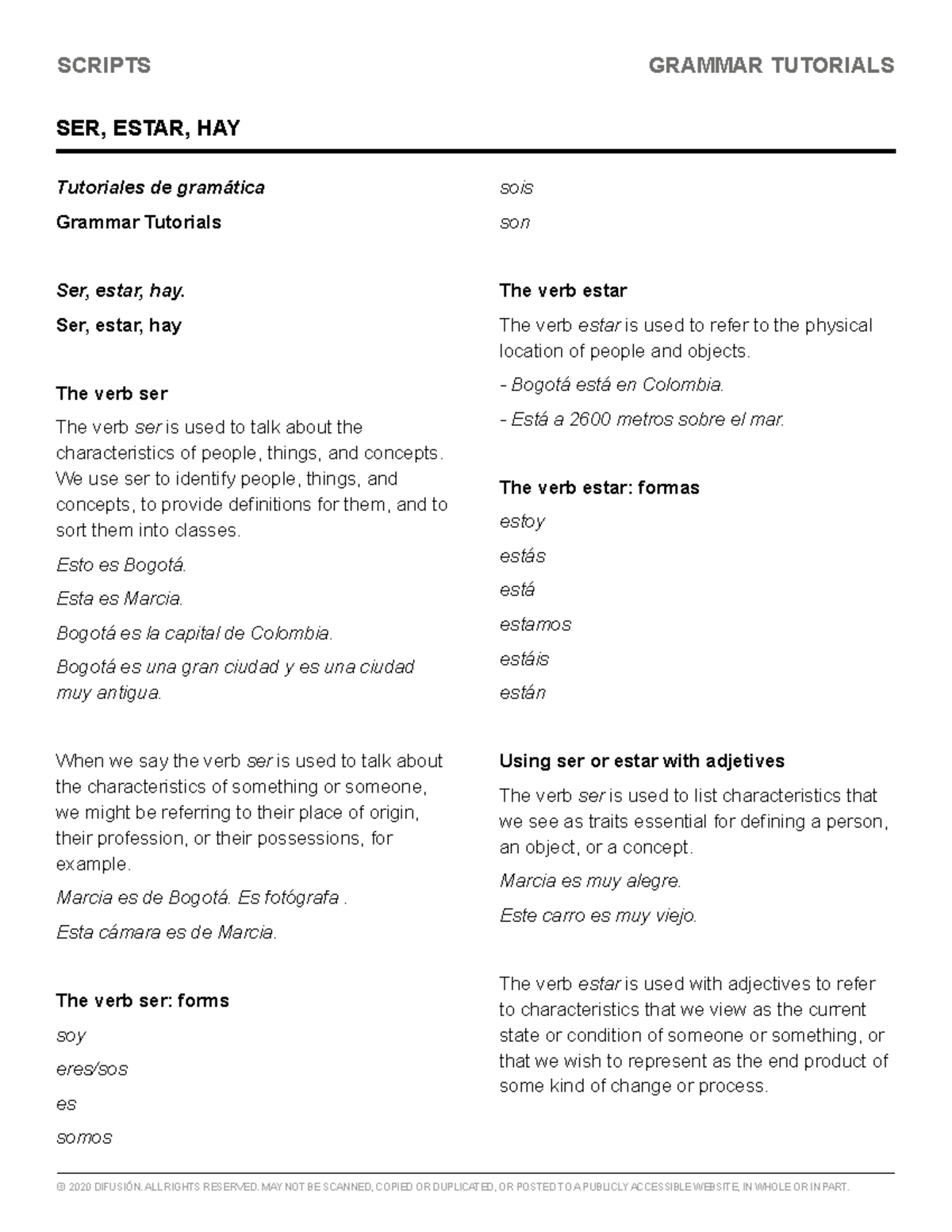 Ser, Estar, Hay: Grammar Practice Script for Spanish - Studocu
