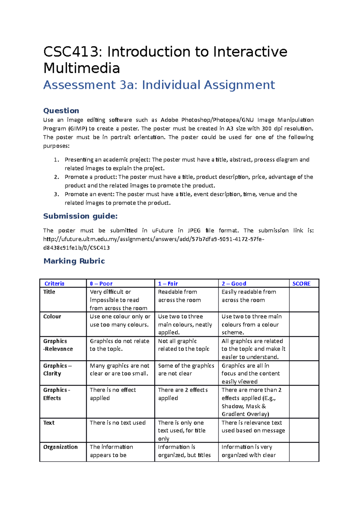 CSC413 Assessment 03a - CSC413: Introduction to Interactive Multimedia Assessment 3a: Individual ...