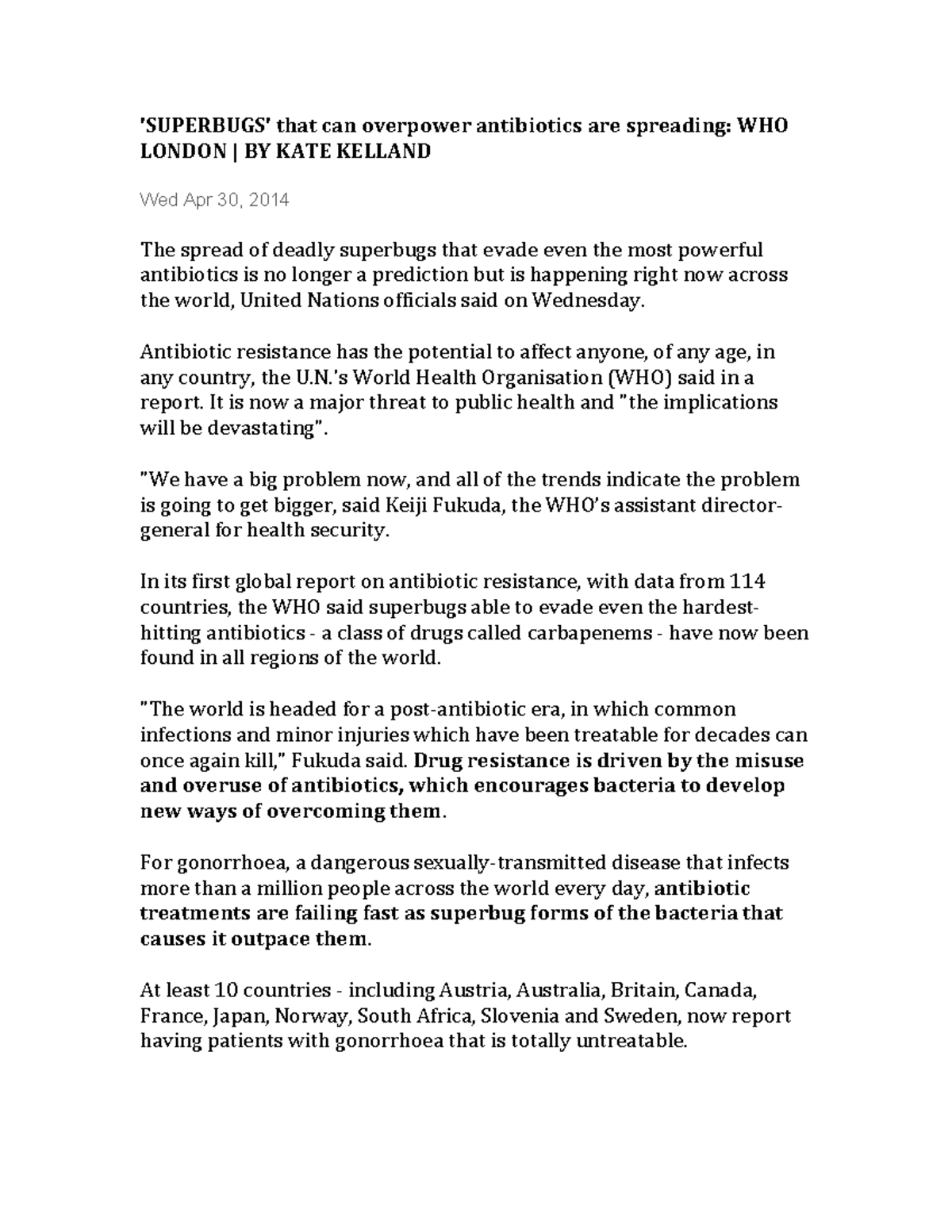 Superbugs & Antibiotic Resistance: WHO Report Overview - Studocu