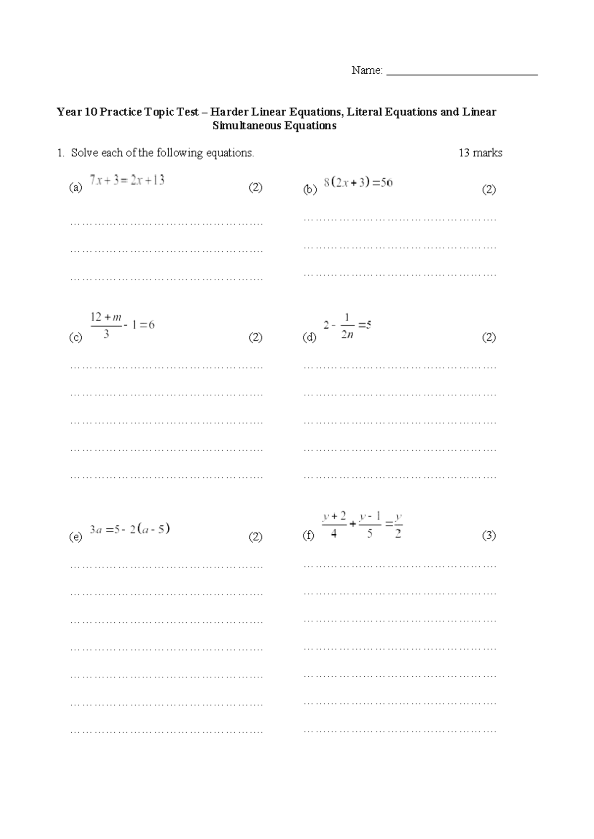 Year 10 Practice Topic Test: Harder Linear Equations and Simultaneous ...