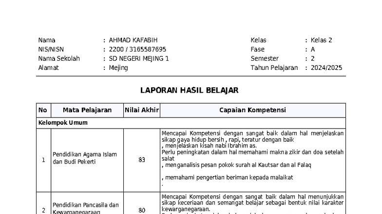 Rapor Hasil Belajar Kelas 2 - SD NEGERI MEJING 1 - Studocu