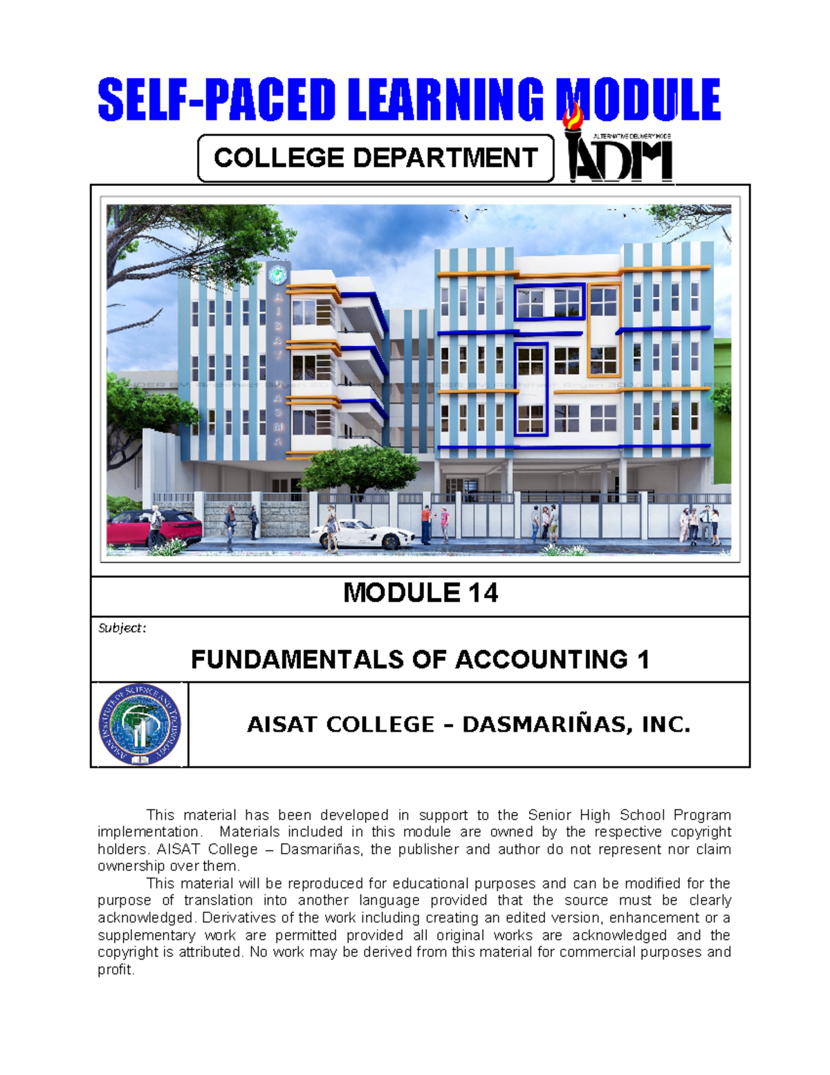 JOT ACTG101-Module-14 - SELF-PACED LEARNING MODULE MODULE 14 Subject ...