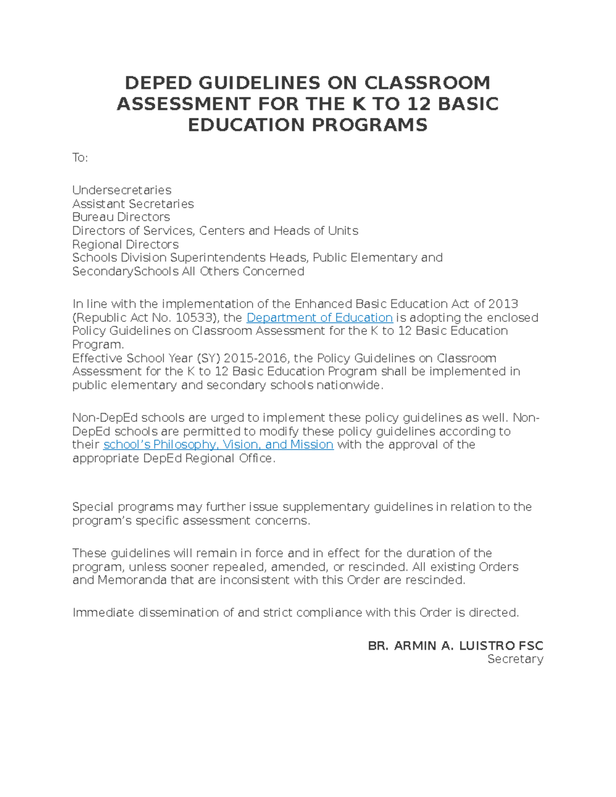 DepEd Guidelines (K to 12) on Classroom Assessment Practices - Studocu
