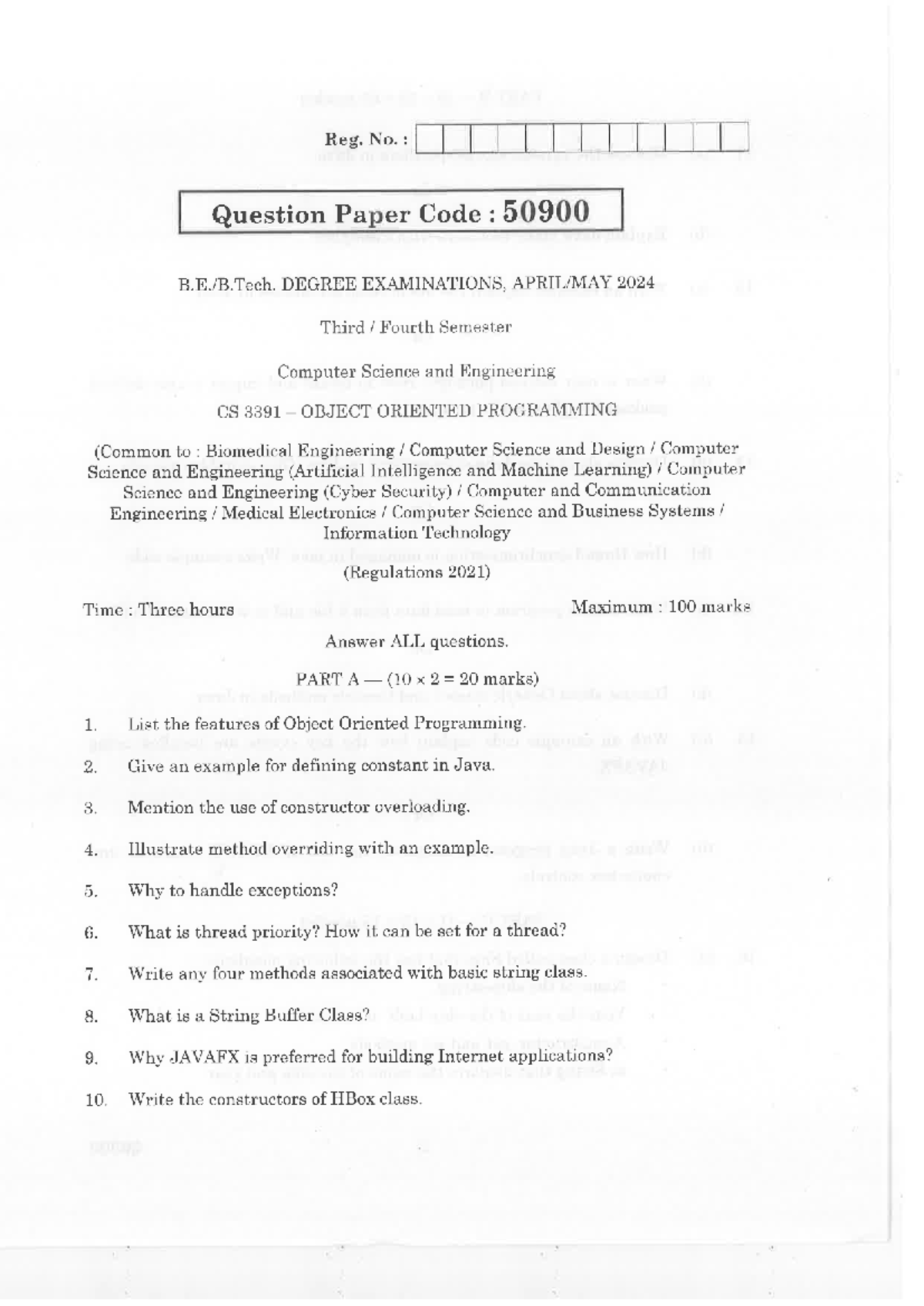 CS 3391 OOP 2024 Question Paper - Lecture Notes - Studocu