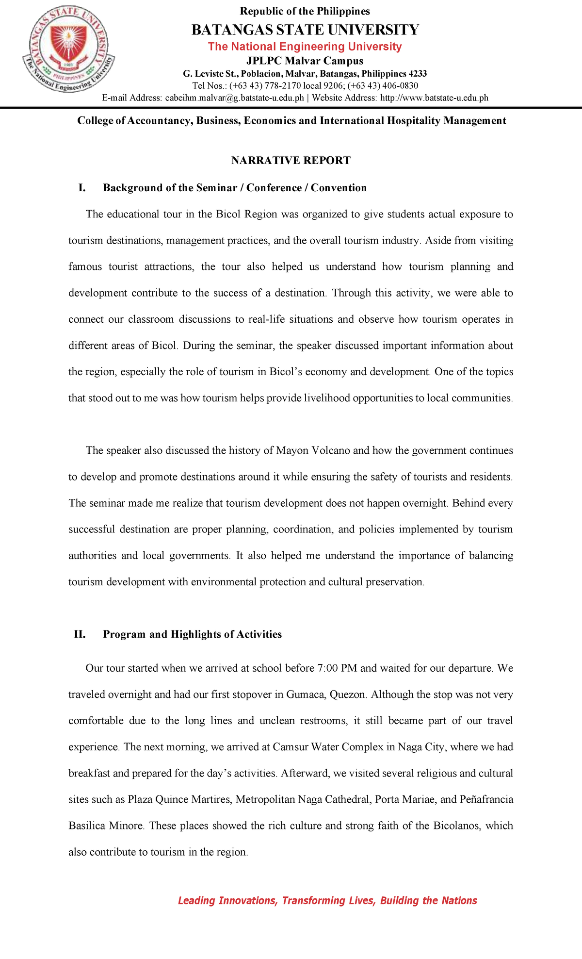 BSTM 2201 Educational Tour Narrative Report: Insights from Bicol Region ...