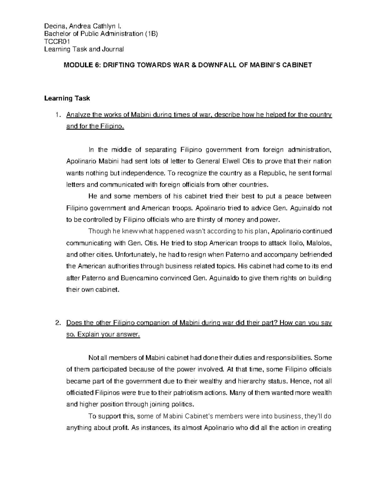 Decina BPA1B Module 6: Analyzing Mabini's Role in War - Studocu