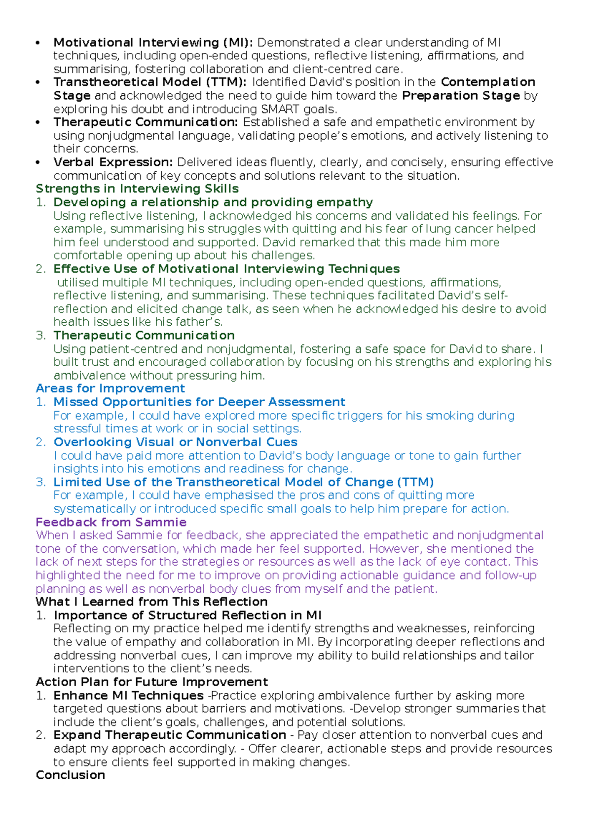 Reflection - PHCC102 - Motivational Interviewing (MI): Demonstrated a ...