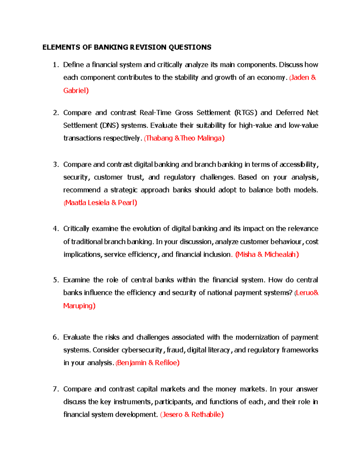 Elements of Banking: Revision Questions and Analysis - ELEMENTS OF ...