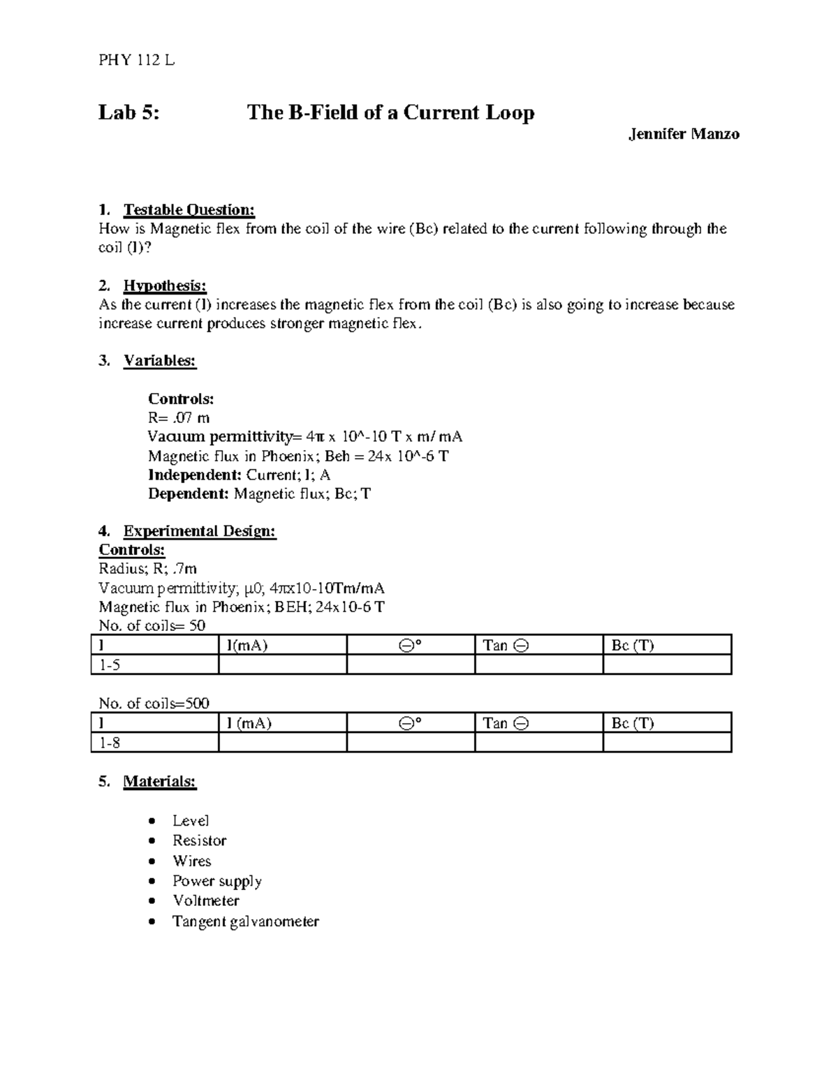 Lab 112 - 5: B-Field Experiment of a Current Loop Analysis - Studocu