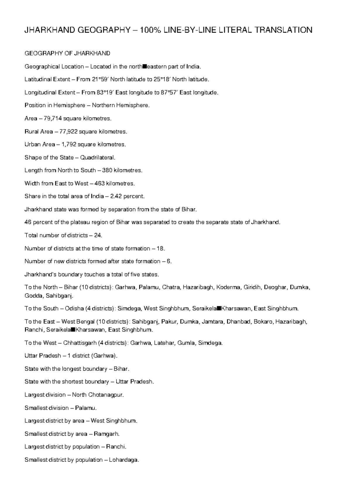 JHARKHAND GEOGRAPHY: FULL LITERAL TRANSLATION STUDY GUIDE - Studocu