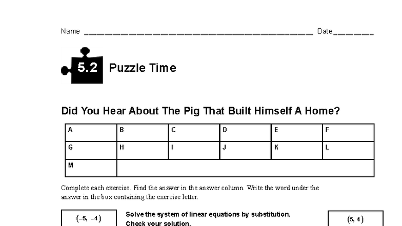 Puzzle Time 5: Classwork on Linear Equations and Systems - Studocu