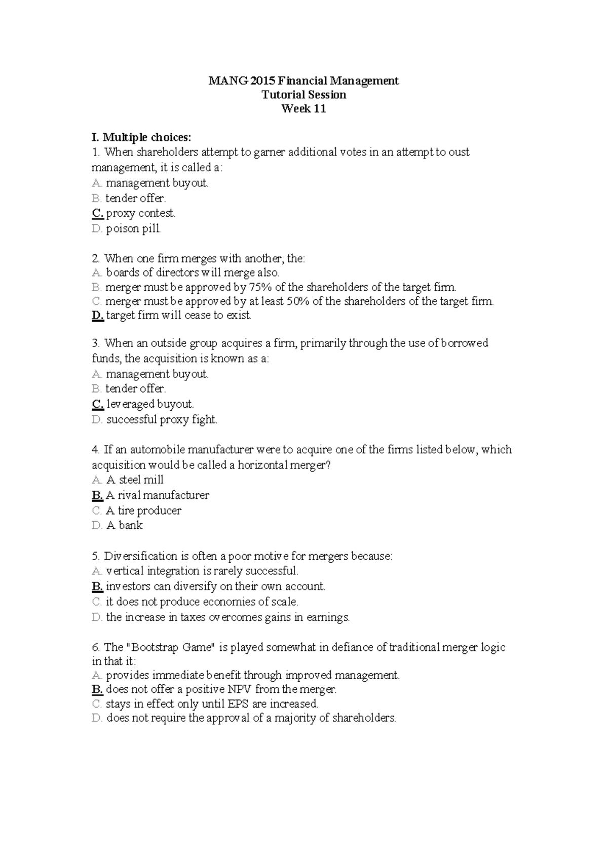 Class 10 Answers - MANG 2015 Financial Management Tutorial Session Week ...